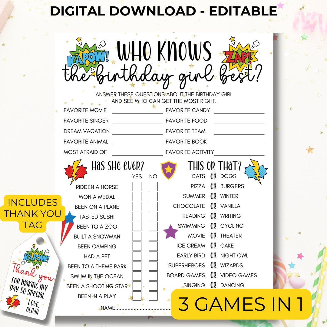 Who Knows the Birthday Girl Best, Editable Printable Superhero Birthday ...
