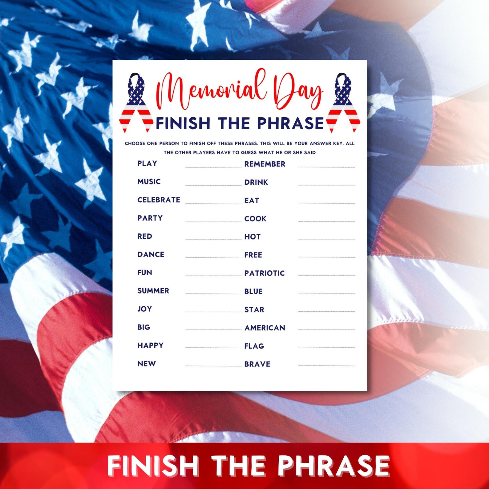 Printable Memorial Day Finish the Phrase Game, Family Party Fun ...