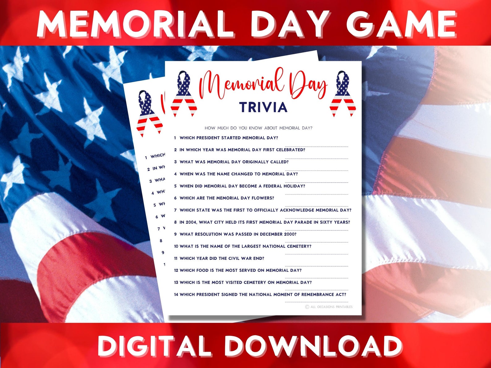 Printable Memorial Day Trivia Quiz Game, Family Party Fun, Patriotic ...