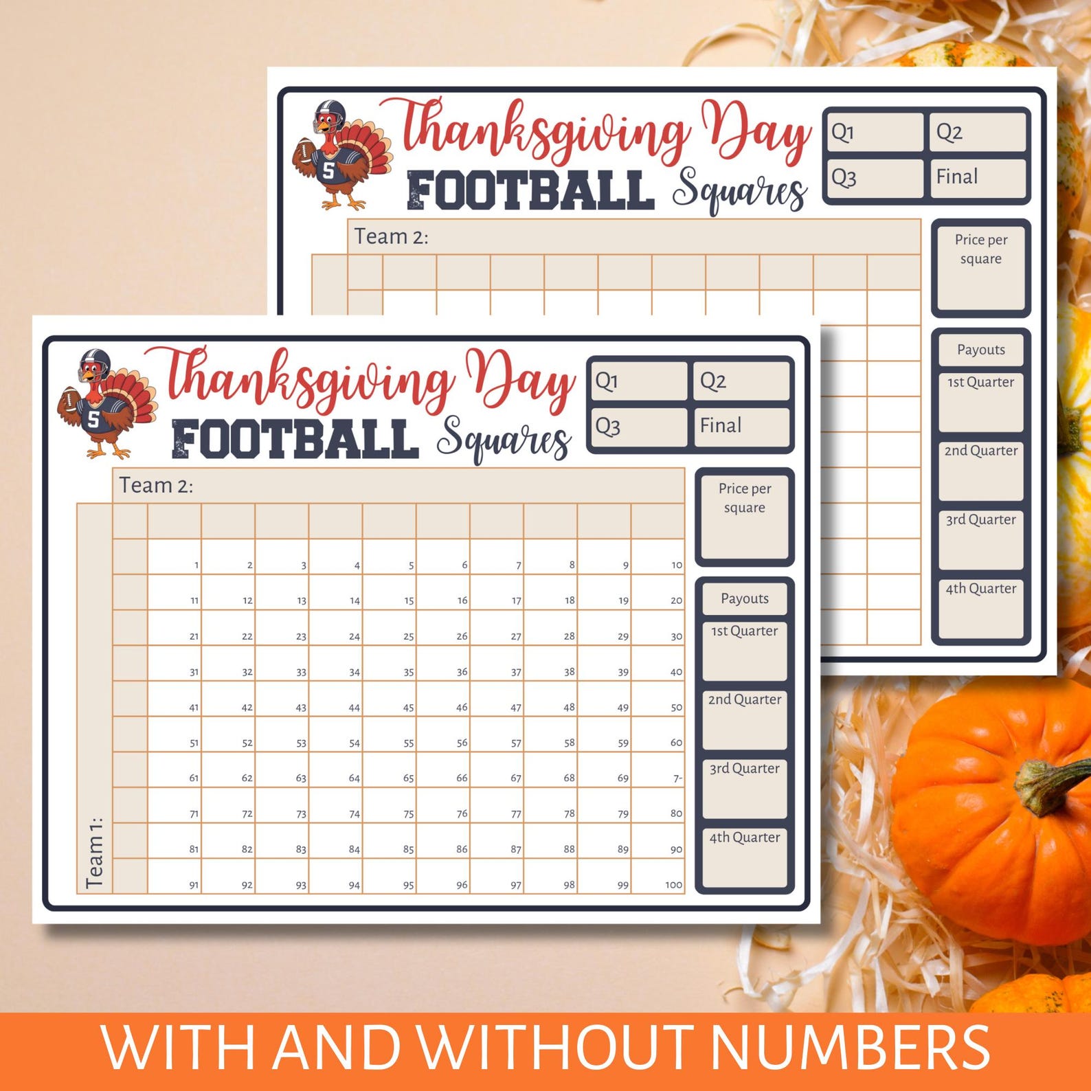 Thanksgiving Day Football Squares, Editable PDF Game, 100 Numbered ...