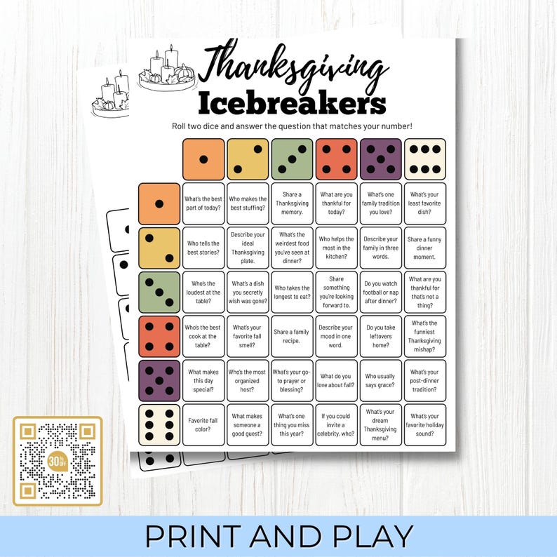 Thanksgiving Icebreaker Game, Printable Dice Conversation Starter for ...