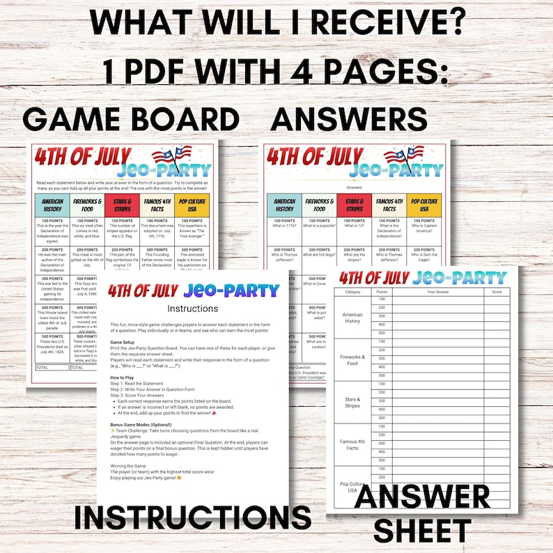 4th of July Trivia Game – Printable Jeo-party Quiz, Editable Canva ...