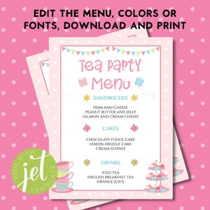 Tea Party Welcome Poster and Menu, Editable Printable, Personalized ...