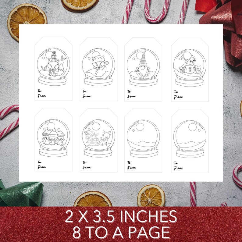 Christmas Snow Globe Coloring Gift Tags, Printable Set (digital ...