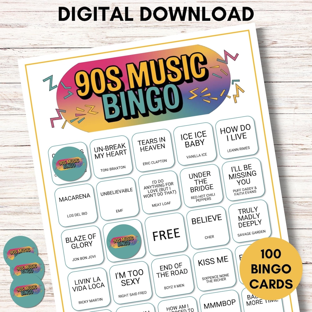 90s Music Bingo, Digital Download With 100 Cards, Party Game for Family ...