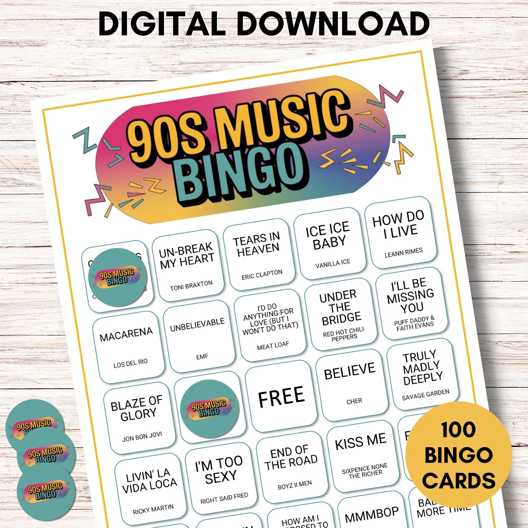 90s Music Bingo, Digital Download With 100 Cards, Party Game for Family ...