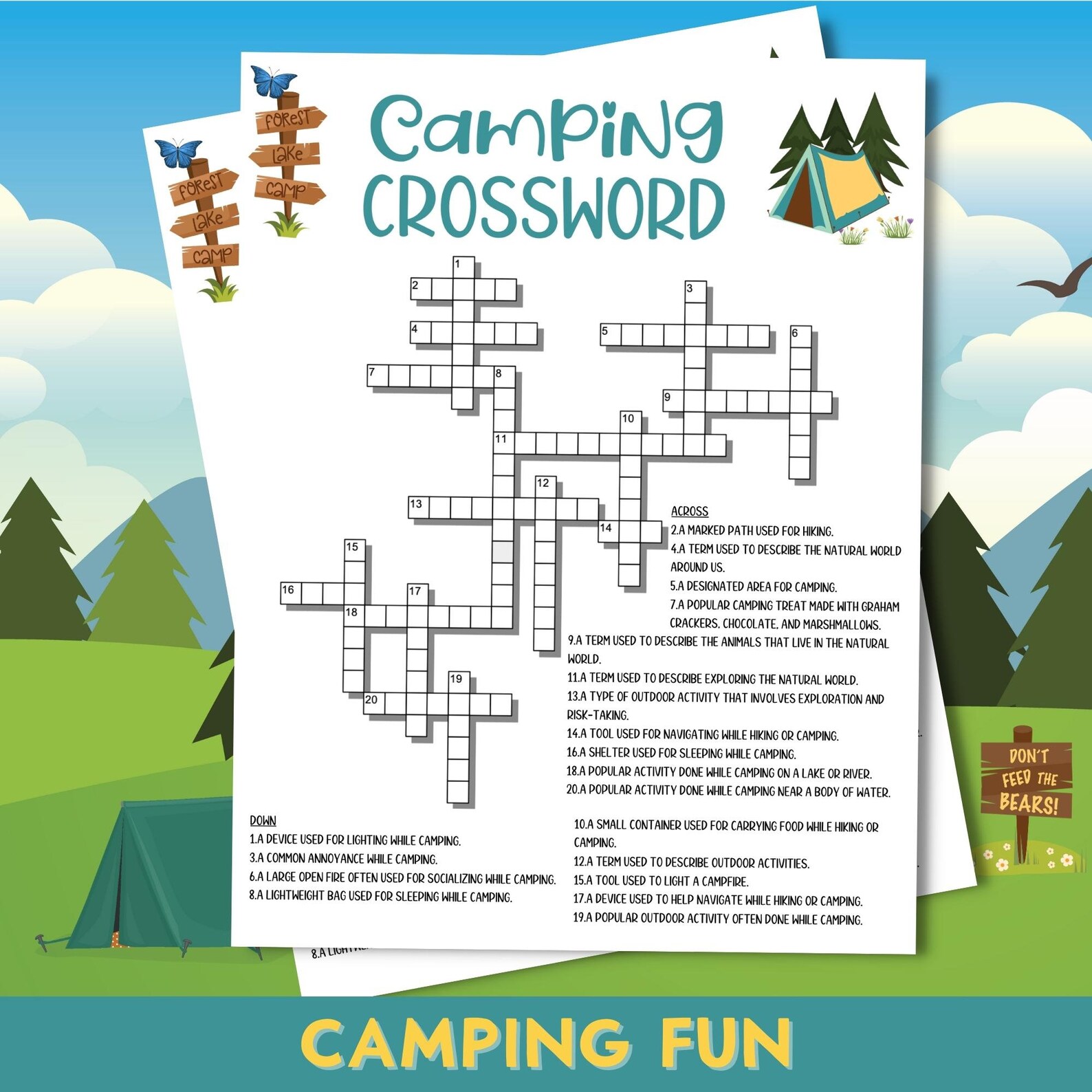 Camping Crossword Puzzle Printable Camping Trip Game Summer - Etsy