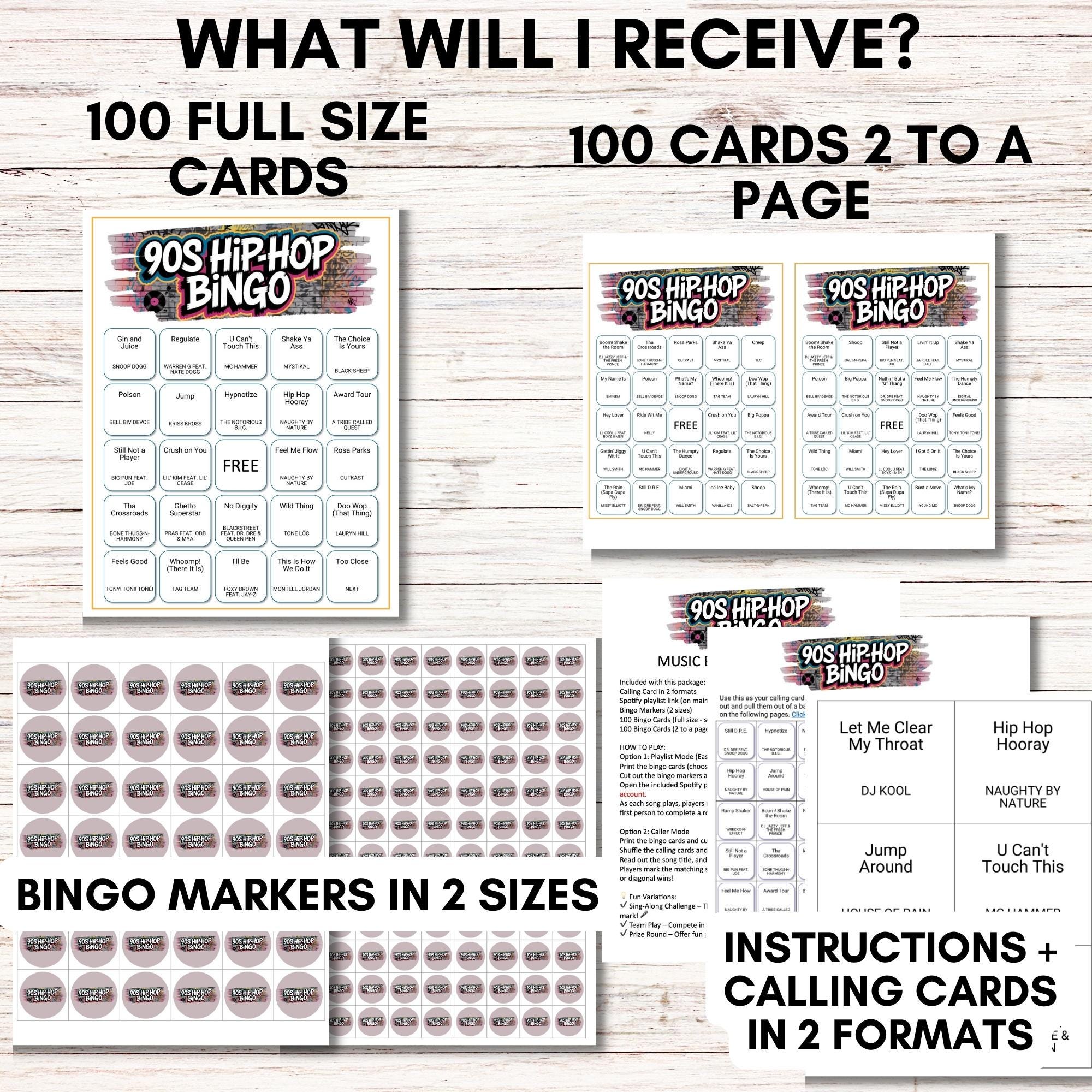 90s Hip Hop Bingo, Music Bingo Fun, 100 Unique Cards, Digital Download ...