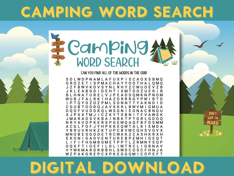 Camping Word Search Game Printable Camping Trip Game Summer - Etsy