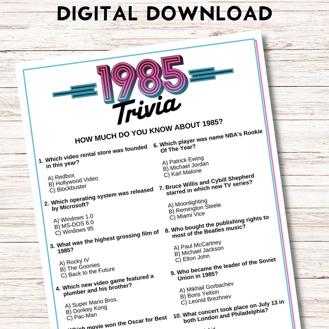 1985 Trivia Game, 40th Birthday Party Activities, Printable Fun Facts ...