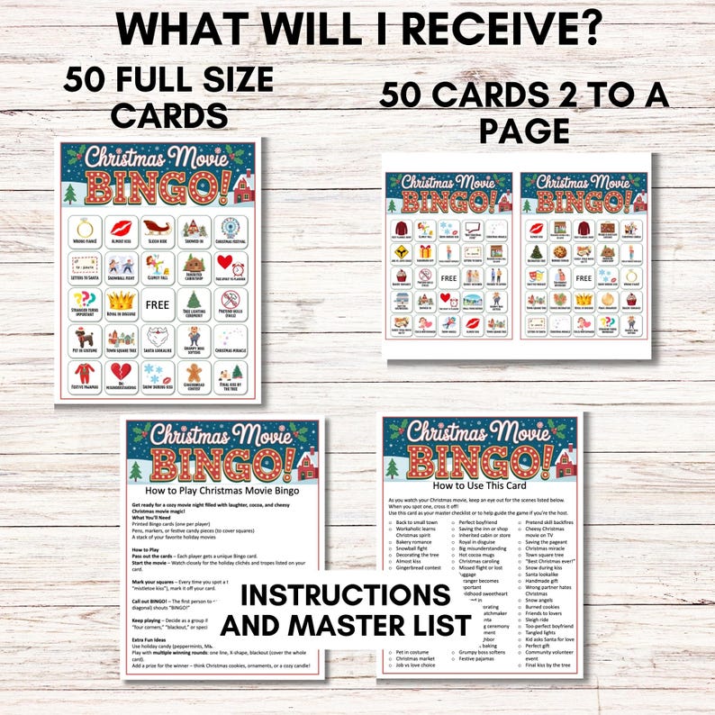 Christmas Movie Bingo Game: 50 Printable Holiday Cards (PDF Download - Etsy