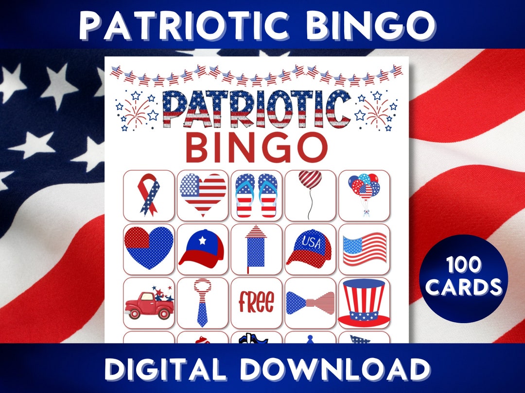 Patriotic Printable Bingo Game, 100 Unique Bingo Cards, Memorial Day ...