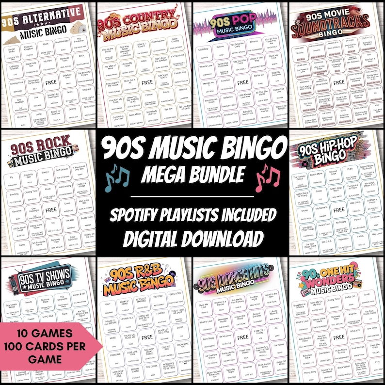 90s Music Bingo Mega Bundle – 10 Printable Games, 100 Cards Each ...