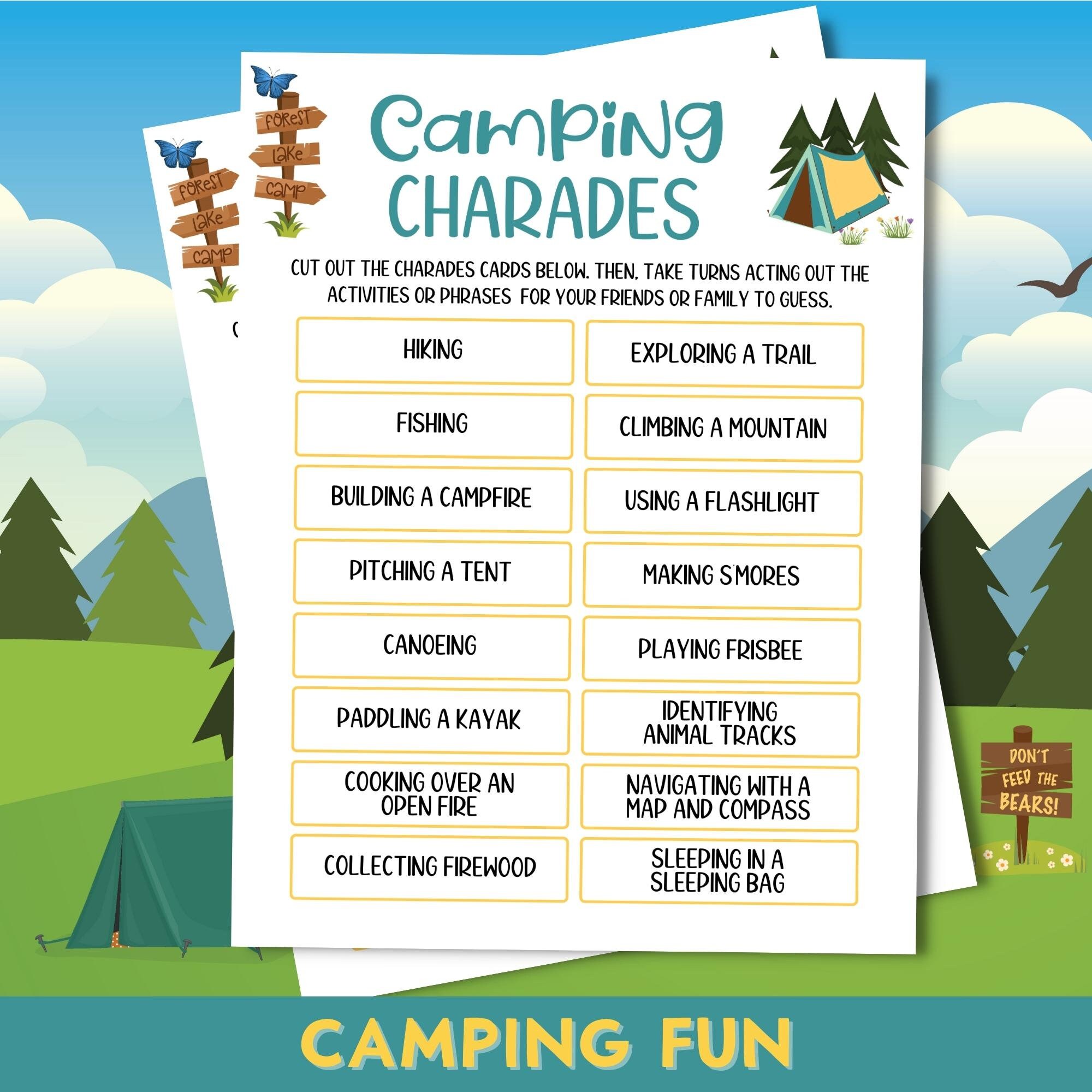 Camping Charades Game, Printable Camping Trip Game, Summer Camp, Family ...