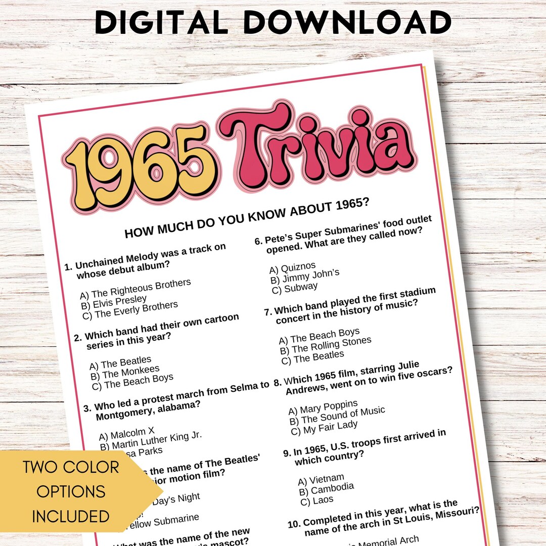 1965 Trivia Game, 61st Birthday Party Activities, Printable Fun Facts ...