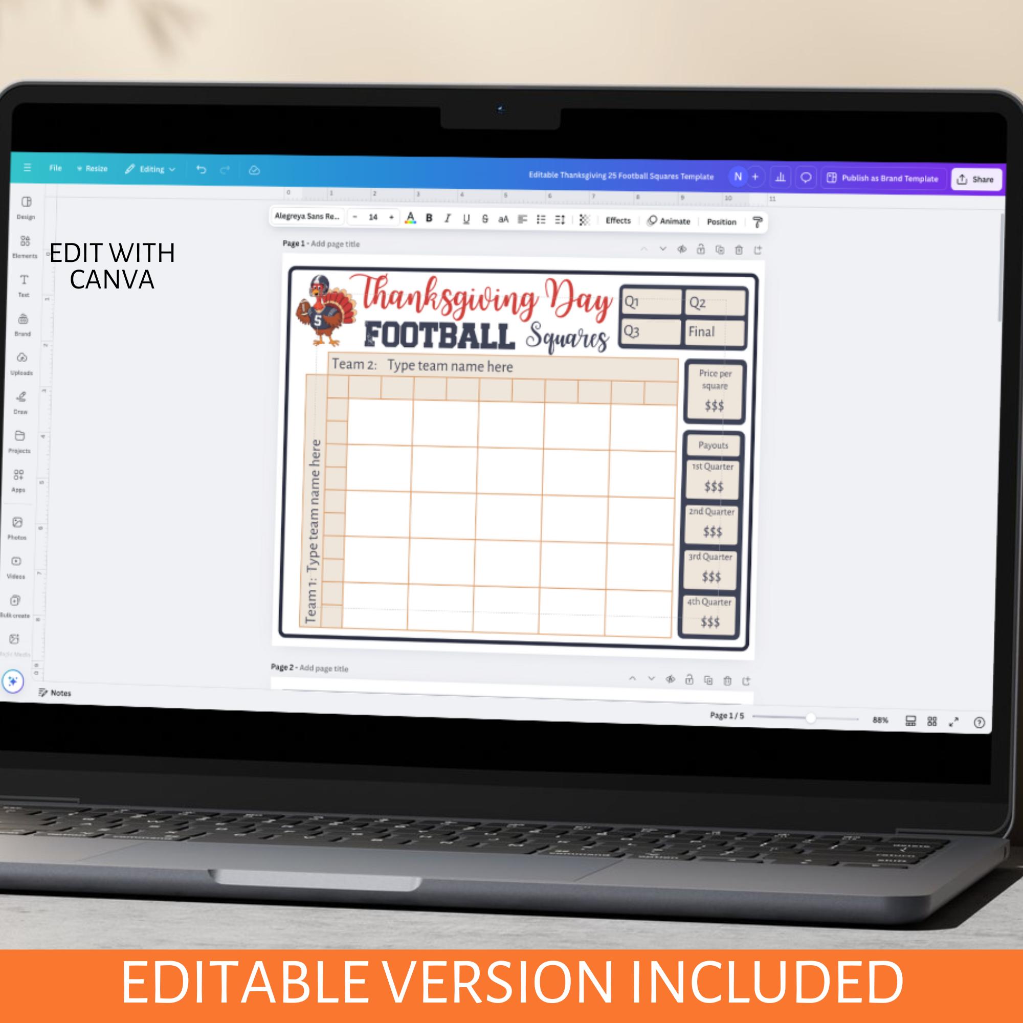 Thanksgiving Day Football Squares, Editable Canva Template, 25 Numbered ...