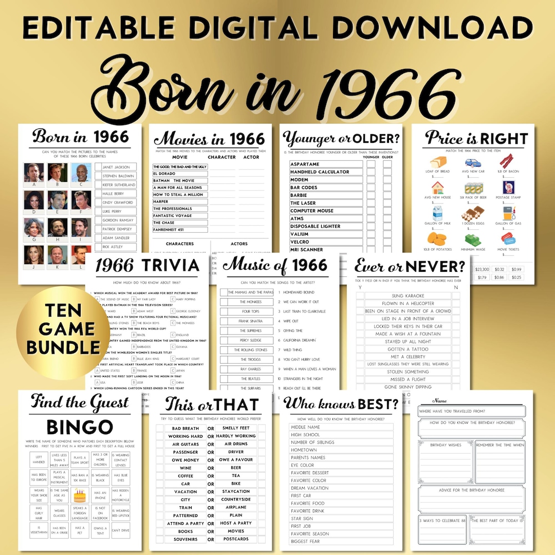 60th Birthday Party Games, Born in 1966 Trivia, Music Quiz (printable ...