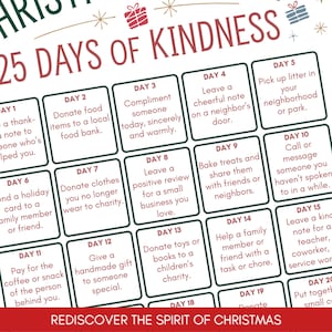 25 Days of Kindness Calendar, Printable Christmas Advent Calendar ...