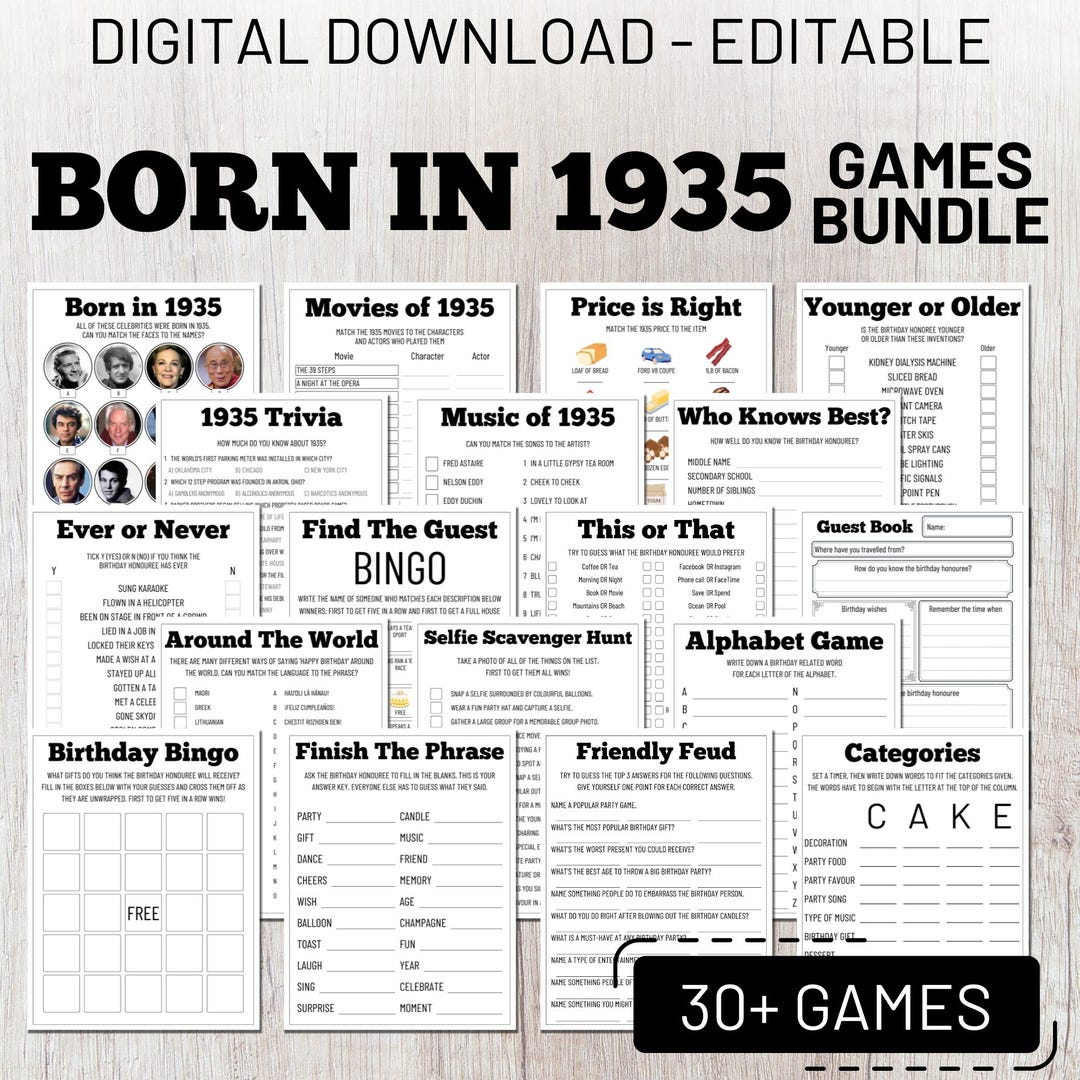 89th Birthday Games Bundle, Born in 1935, Printable Trivia, Fun Party ...