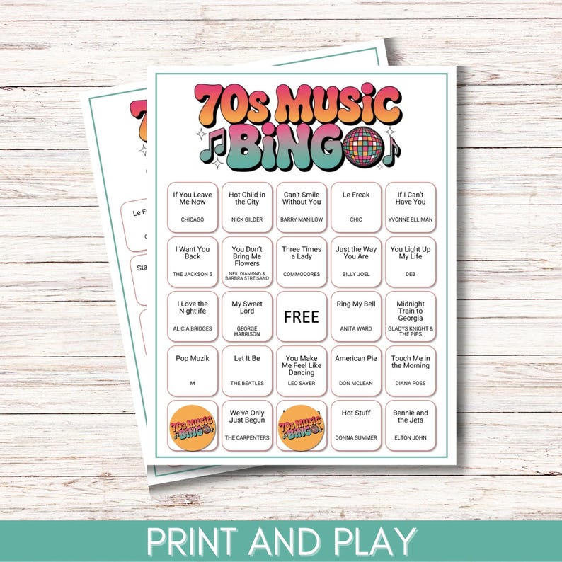 70s Music Bingo Game – 100 Printable Cards – Fun Party Activity With ...