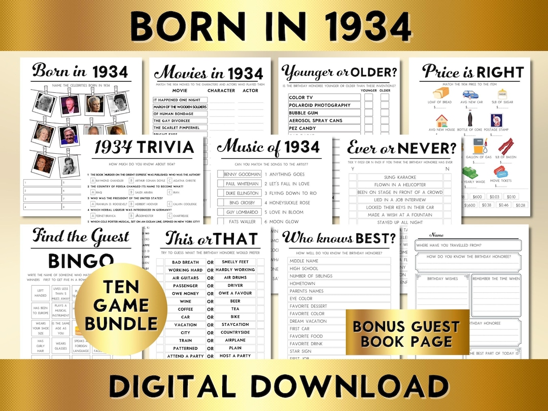 92nd Birthday Party Games, Born in 1934 Trivia, Music Quiz (printable ...