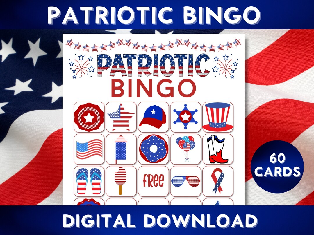 Patriotic Printable Bingo Game, 60 Unique Bingo Cards, Memorial Day ...