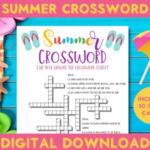 Summer Crossword Page Printable Activities Pool Party - Etsy