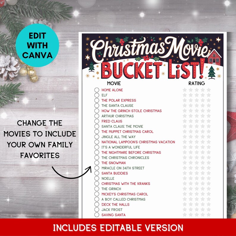 Christmas Movie Bucket List, Family Movie Night Printable, Editable ...