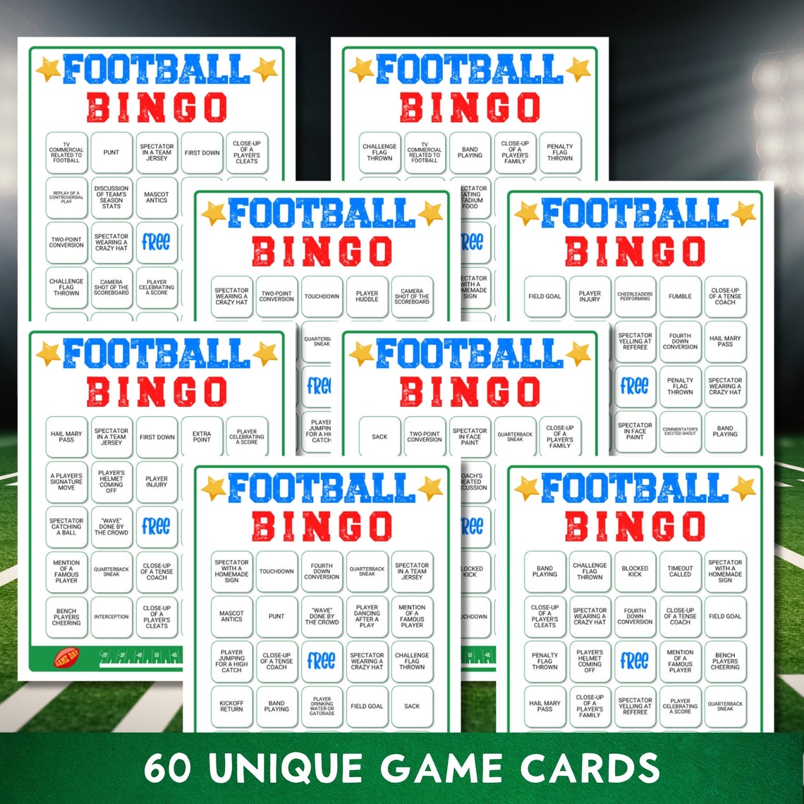 Football Bingo, 60 Unique Bingo Cards, Football Activity, Kid's ...