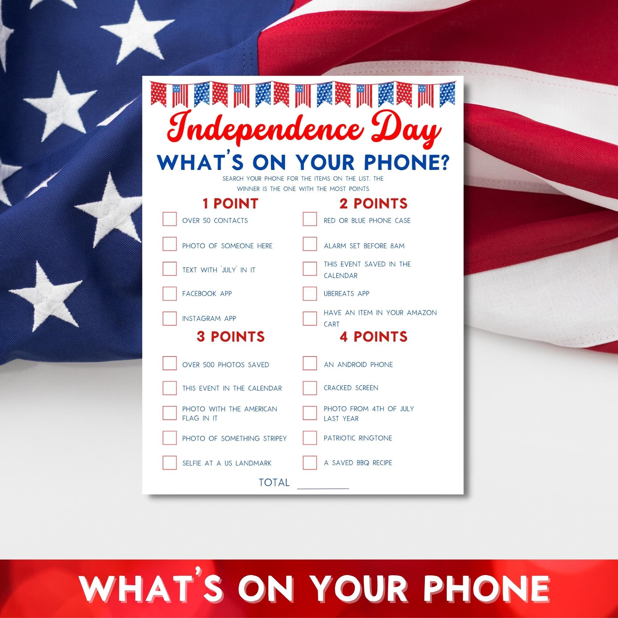 Printable Independence Day What's on Your Phone Game, Family Fun ...