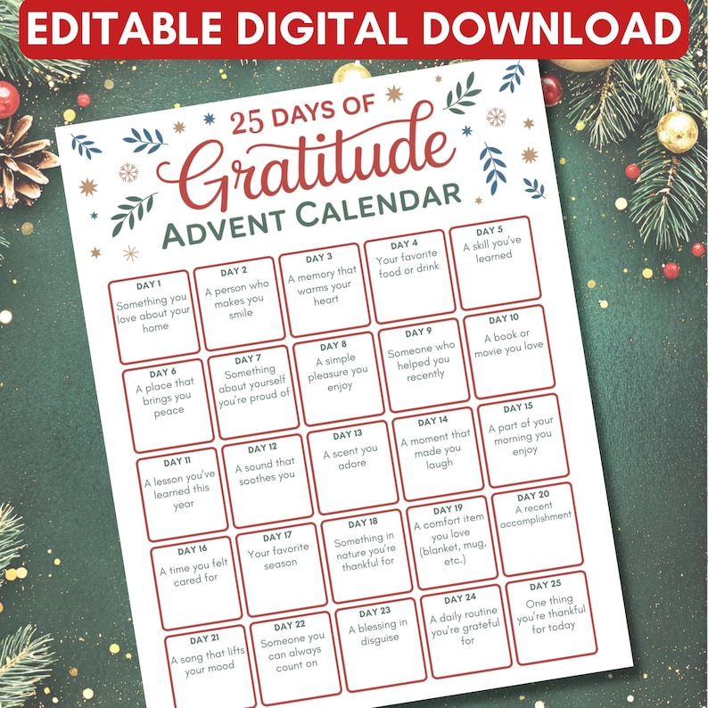 Christmas Advent Calendar, 25 Days of Gratitude, Editable Printable ...