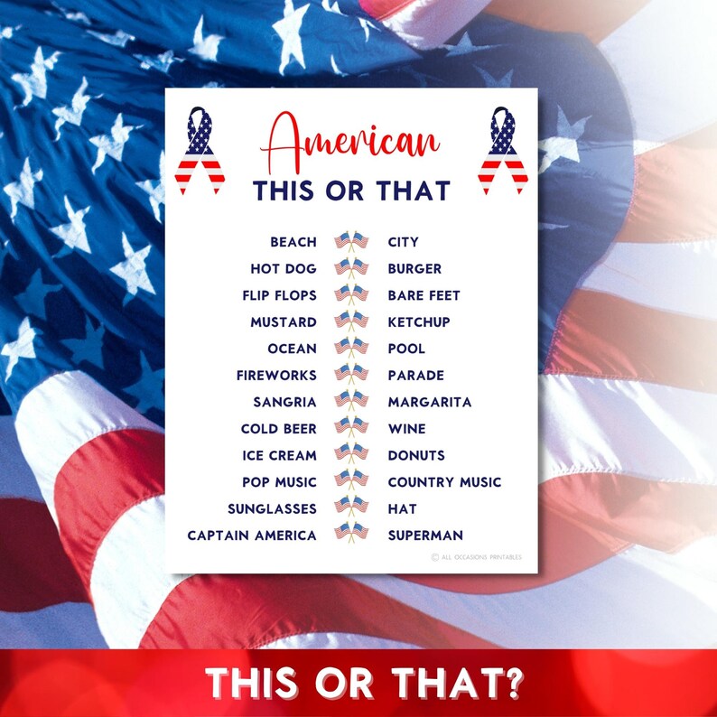 Printable American This or That Game, Family Party Fun, Patriotic ...