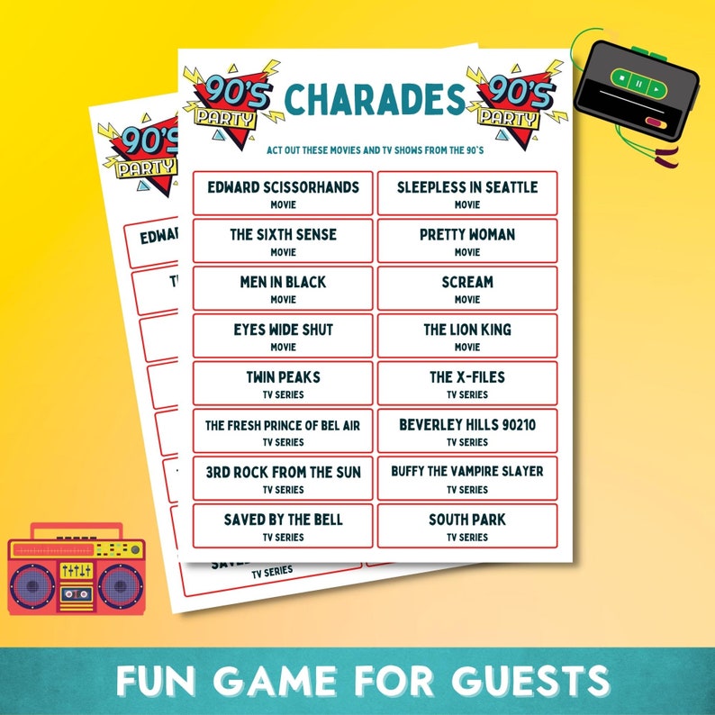 Printable 90's Themed TV and Movies Charades Game Instant - Etsy