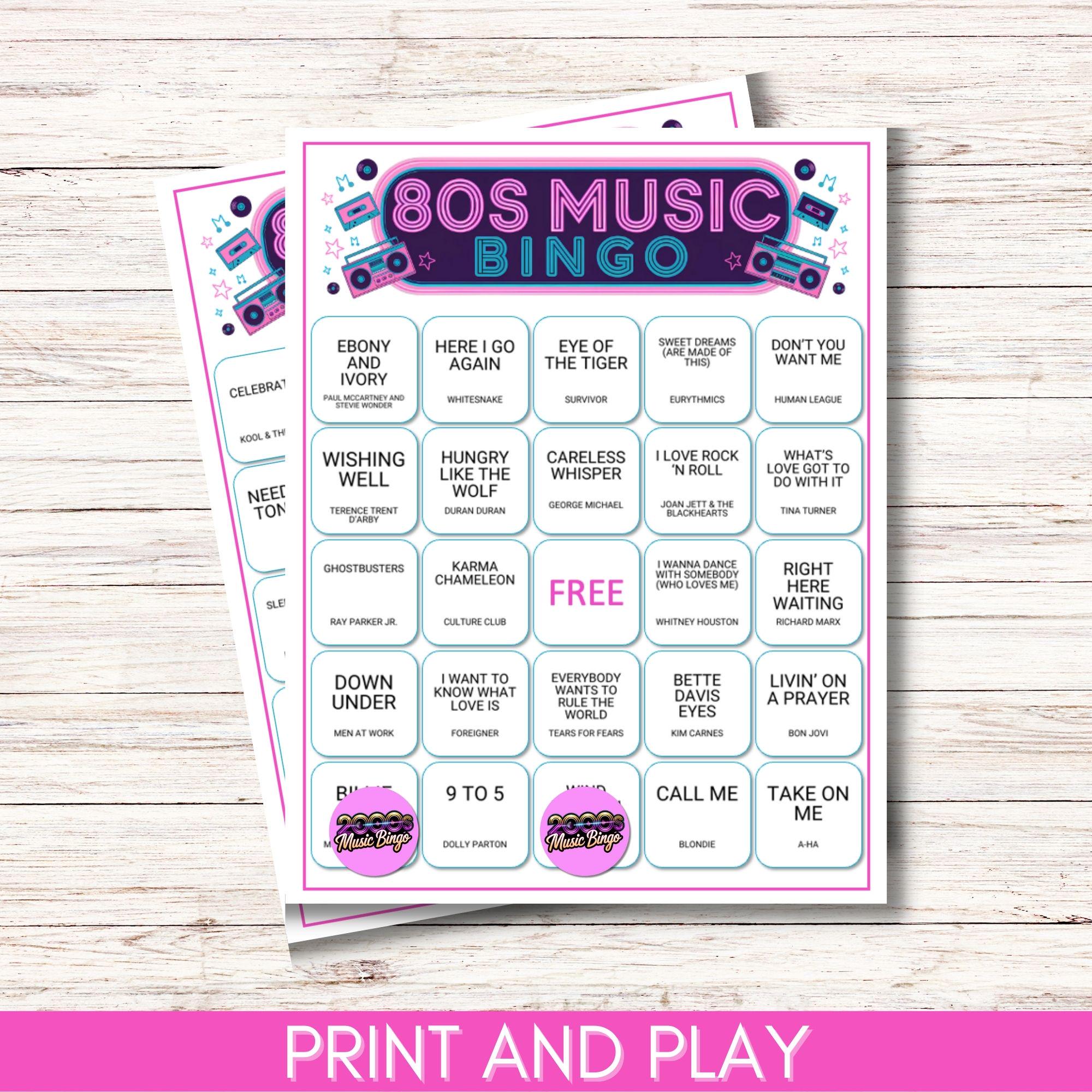 80s Music Bingo, 100 Printable Bingo Cards, Fun Party Game, Digital ...