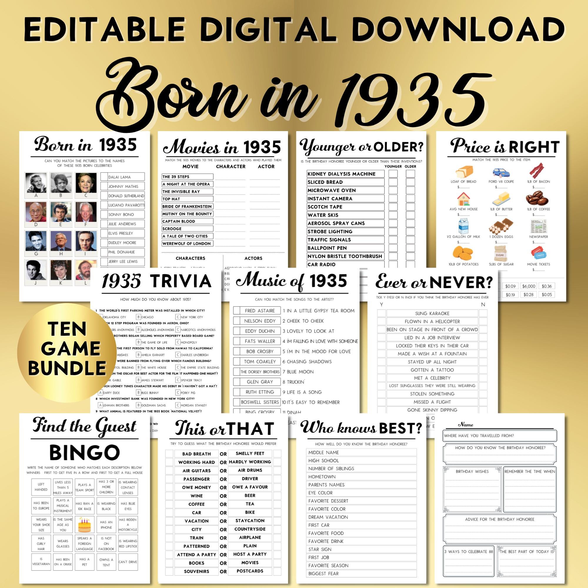 91st Birthday Party Games, Born in 1935 Trivia, Music Quiz (printable ...