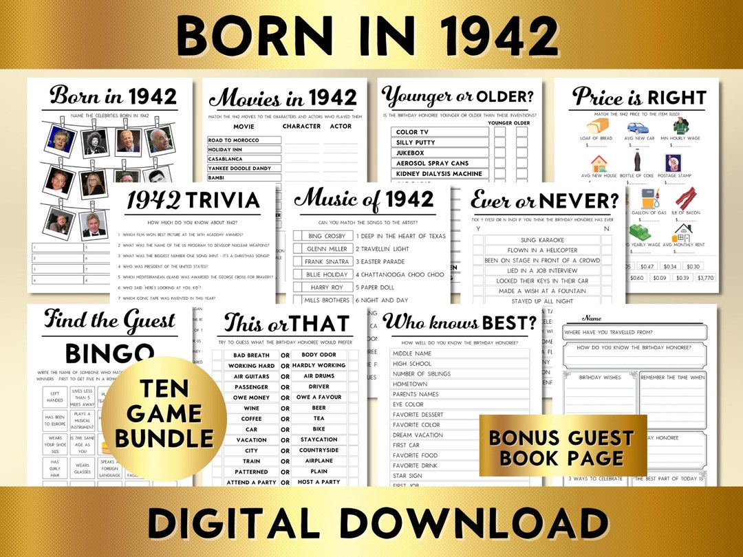 82nd Birthday Party Games, Born in 1942, Printable 10 Game Bundle ...