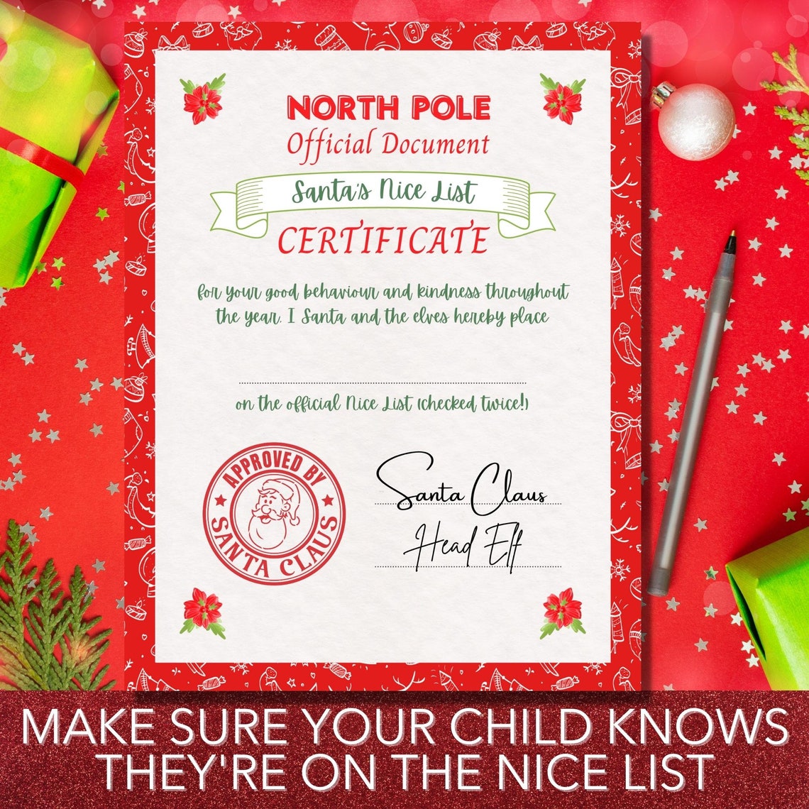 Santa Claus Official Nice List Certificate, Santa Letter, Christmas Eve ...
