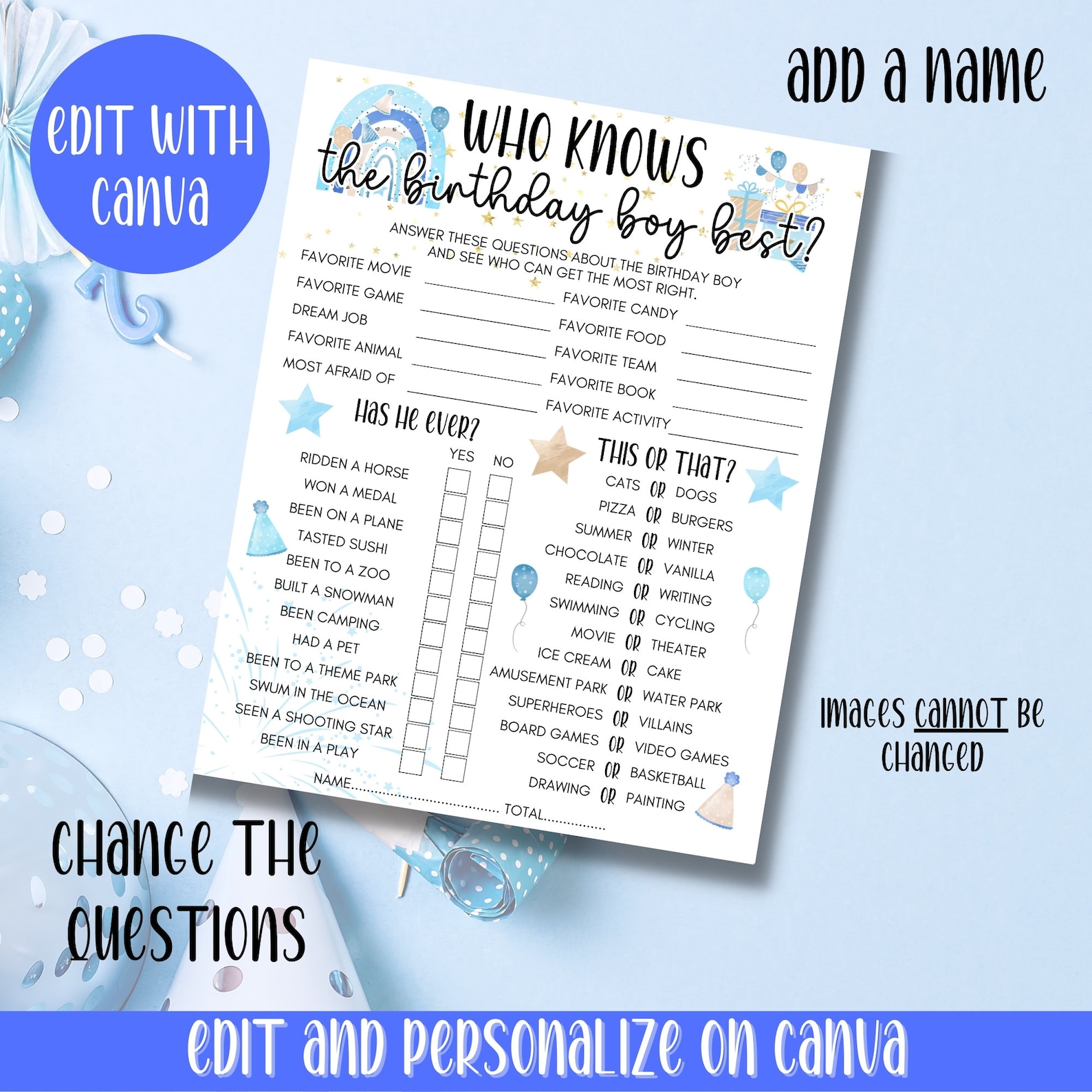 Birthday Boy Trivia Game, Printable Party Quiz (digital Download) - Etsy