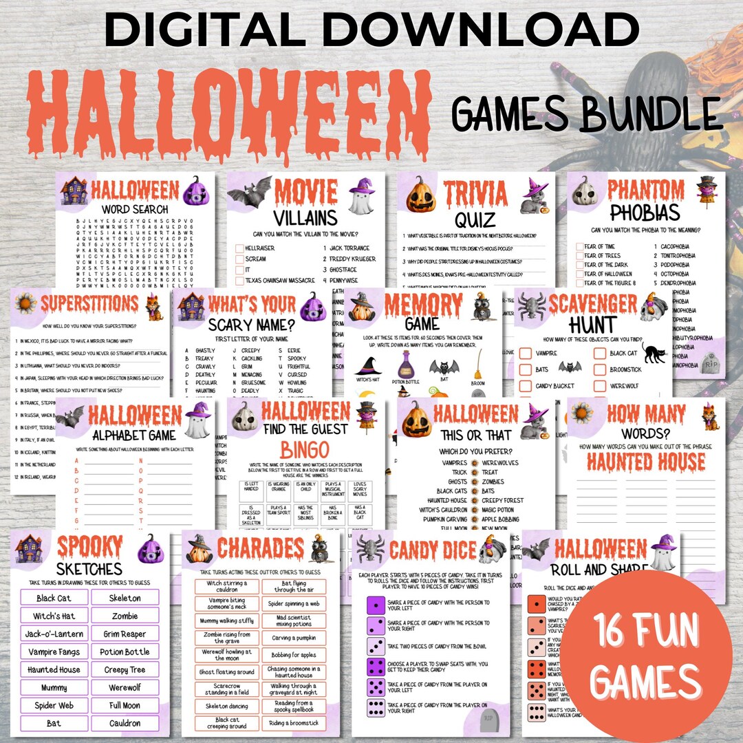 Halloween Game Bundle, Printable Halloween Activities for Kids and ...