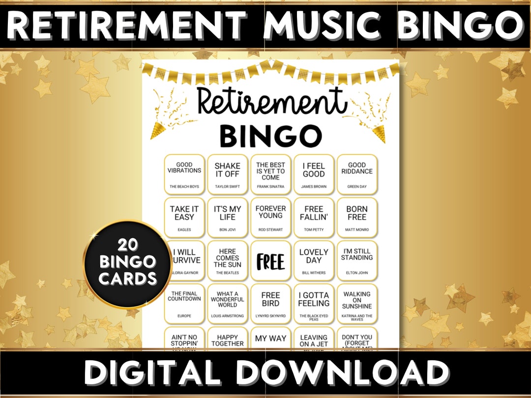 Retirement Party Music Bingo, 20 Bingo Cards, Work Party for Retiree ...