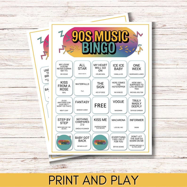 90s Music Bingo, Digital Download With 100 Cards, Party Game for Family ...