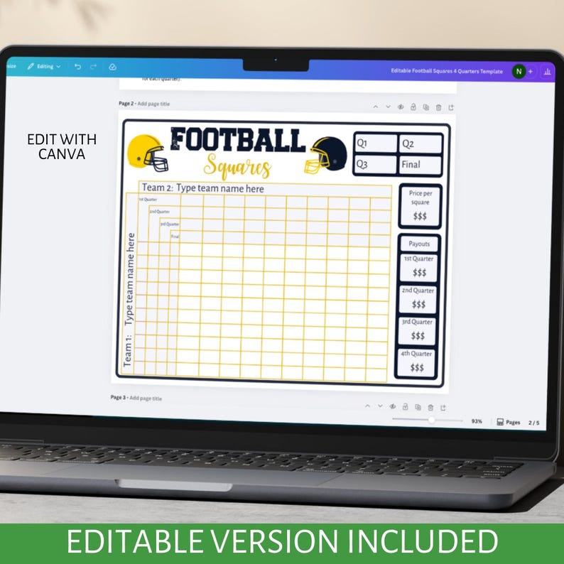 Football Squares Game – 100 Squares, All 4 Quarters, Editable Printable ...