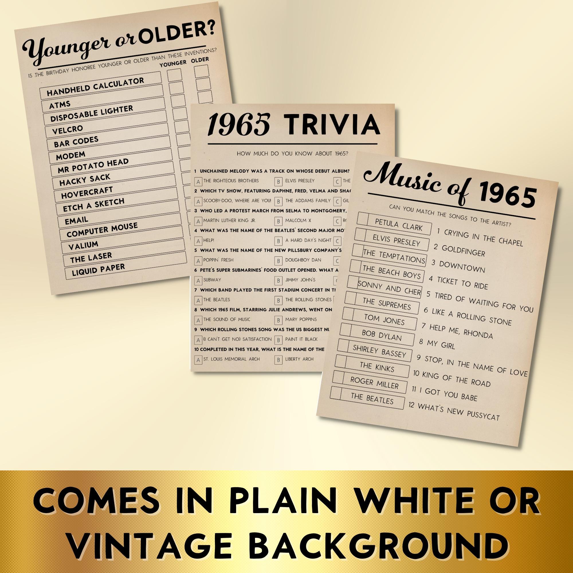 61st Birthday Party Games, Born in 1965 Trivia, Music Quiz (printable ...