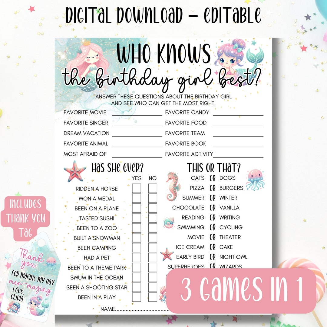 Who Knows the Birthday Girl Best, Editable Printable Mermaid Birthday ...
