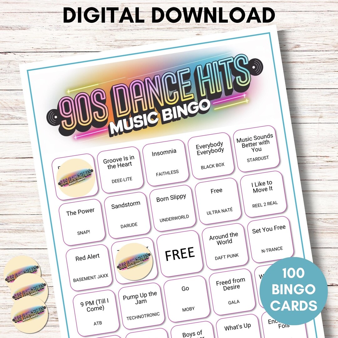 Dance Hits Bingo - 90s Party Game, 100 Printable Cards, Digital ...