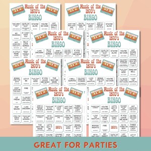 Printable Music of the 1970's Bingo Game, 20 Cards, Instant Download ...