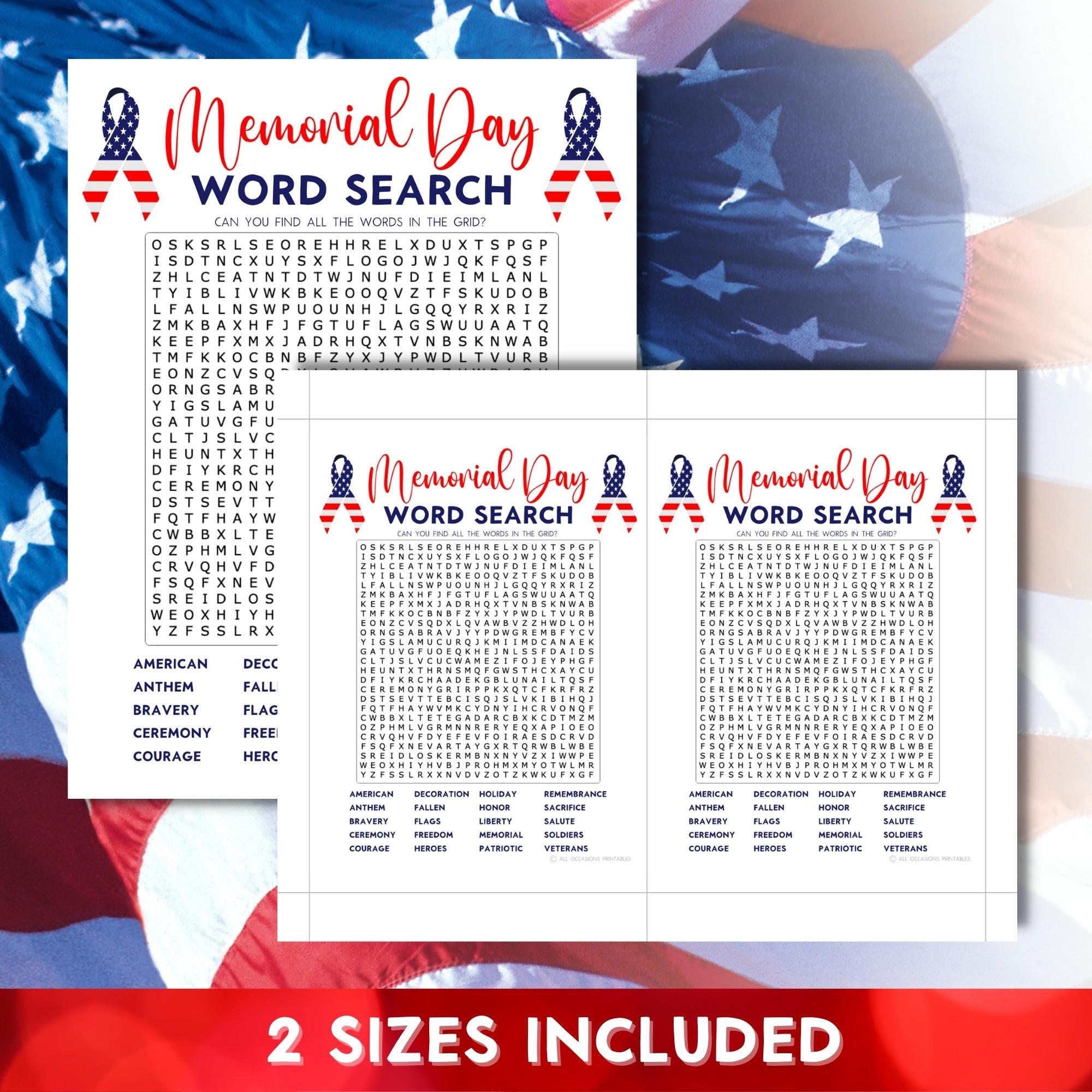 Printable Memorial Day Word Search Family Party Fun - Etsy