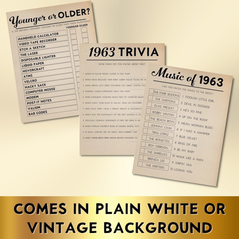 63rd Birthday Party Games, Born in 1963 Trivia, Music Quiz (printable ...