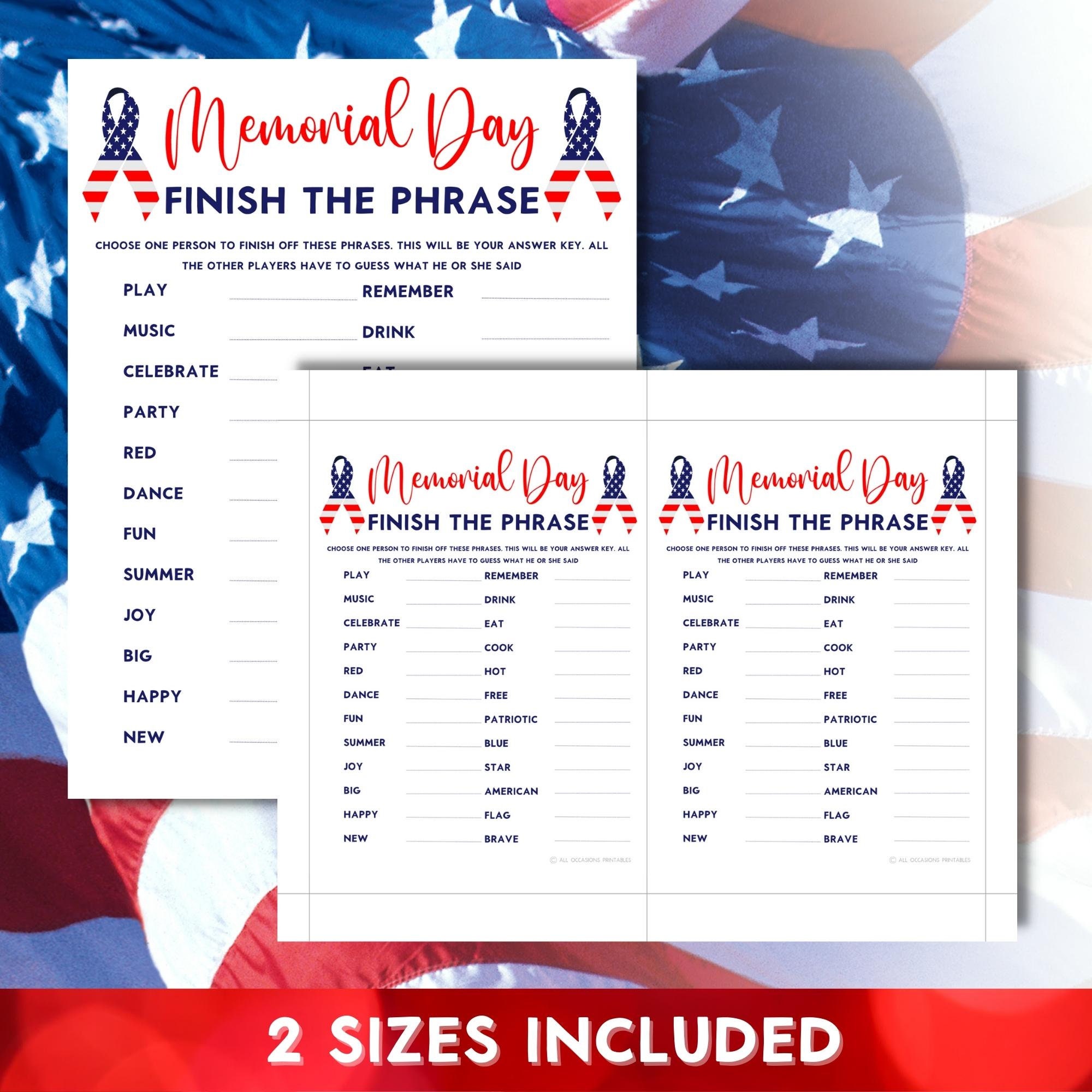 Printable Memorial Day Finish the Phrase Game Family Party - Etsy