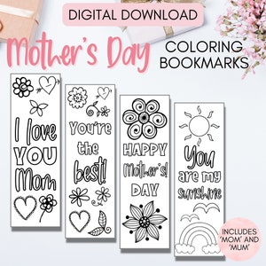 Mother's Day Printable Coloring Bookmarks, DIY Mother's Day Gift for ...